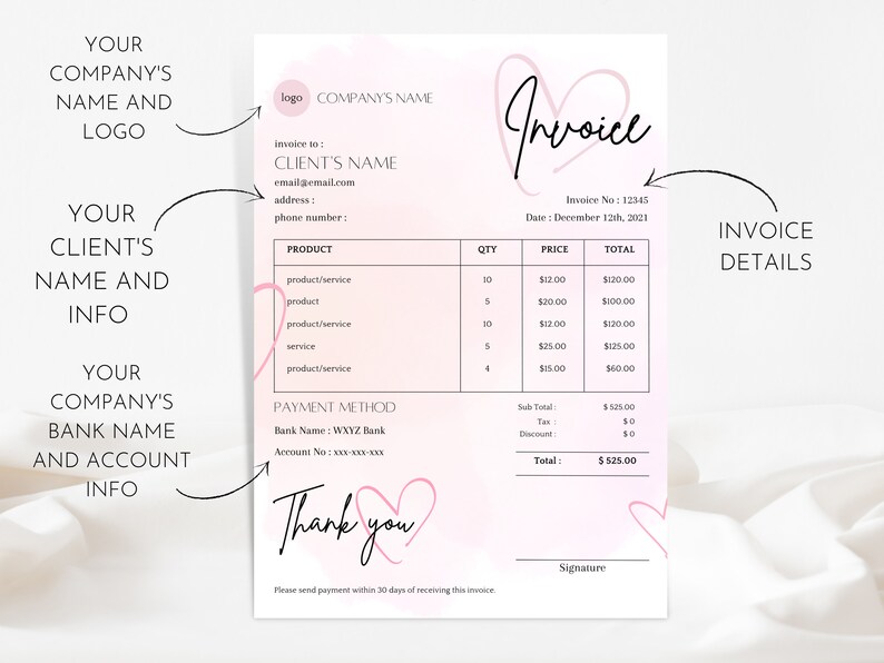 EDITABLE INVOICE TEMPLATE, Pink Hearts Invoice Template for Small ...