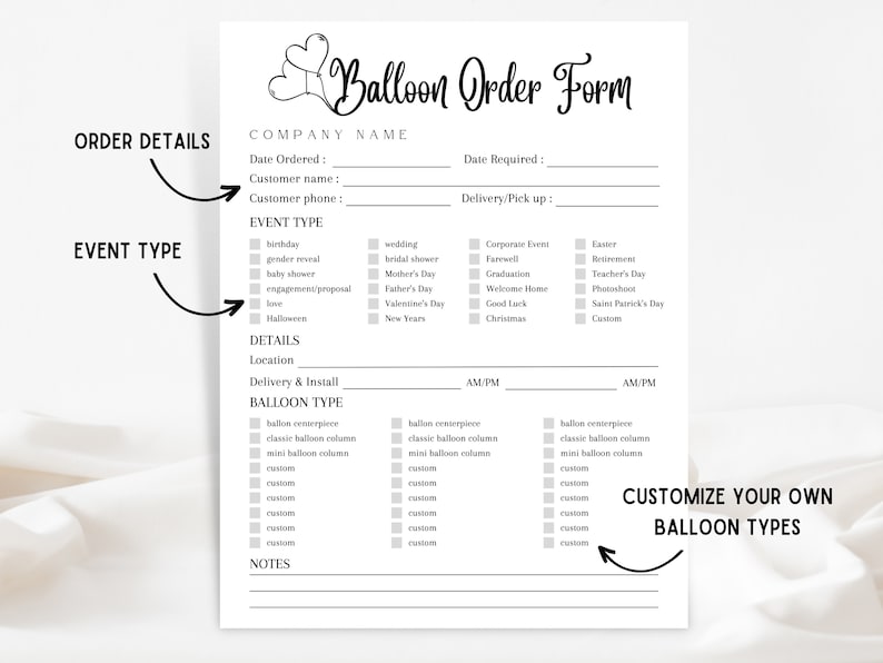 EDITABLE BALLOON ORDER Form Balloon Order Tracker Template - Etsy