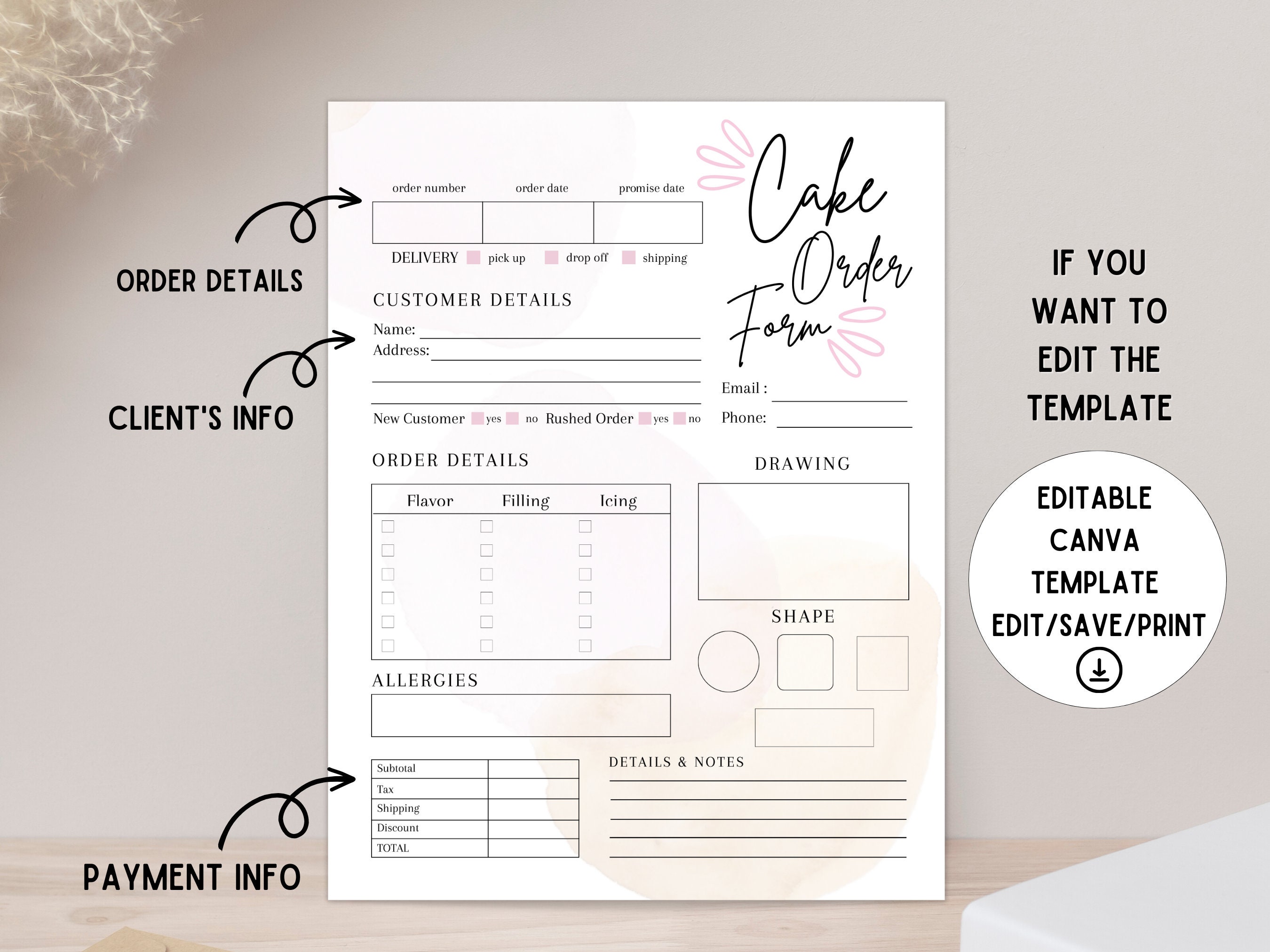 Editable CAKE ORDER FORM Printable Cake Order Form Template - Etsy Israel