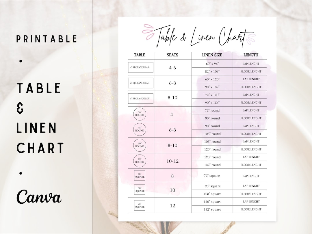 PRINTABLE TABLE and LINEN Size Chart, Seating Chart Planner Template ...