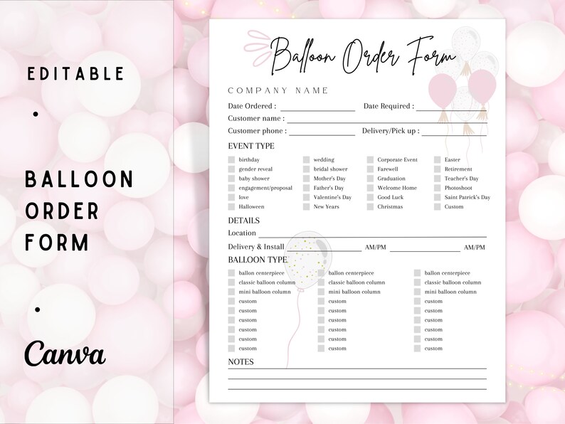 Editable BALLOON ORDER FORM Template | Customizable Sales Tracker for ...