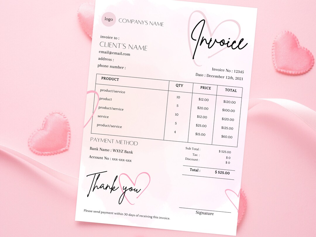 EDITABLE INVOICE TEMPLATE, Pink Hearts Invoice Template for Small ...