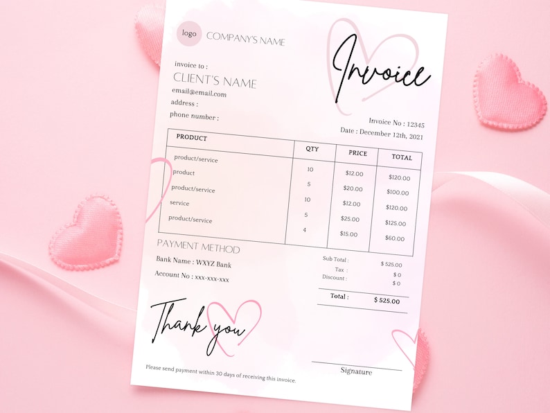 EDITABLE INVOICE TEMPLATE, Pink Hearts Invoice Template for Small ...