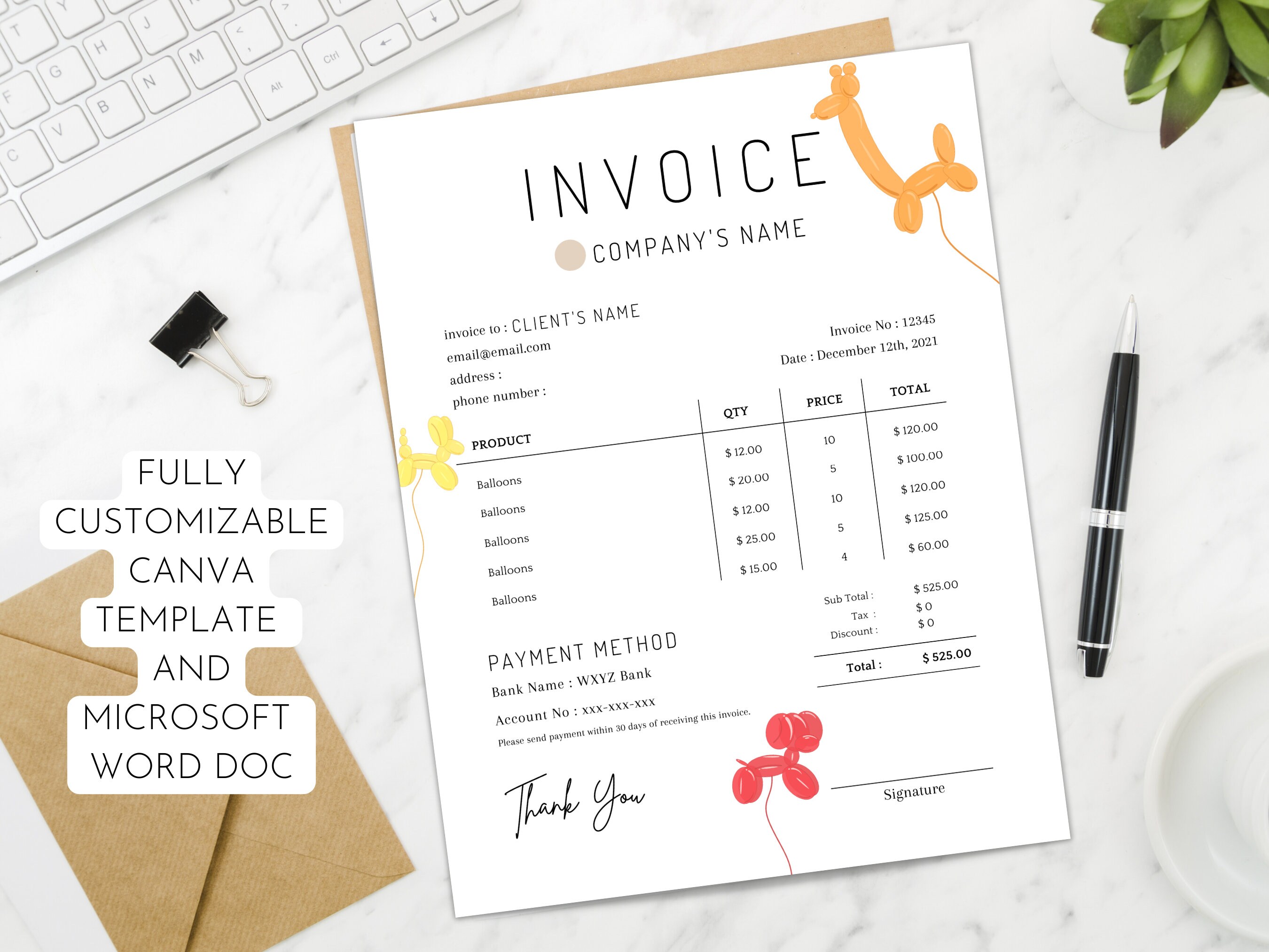 BALLOON INVOICE TEMPLATE Download Editable Word Invoice Etsy