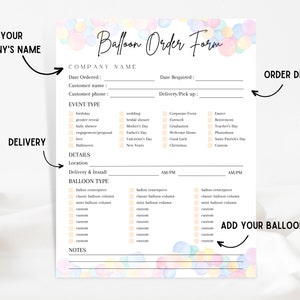 EDITABLE BALLOON ORDER Form Template, Balloon Order Tracker, Custom ...