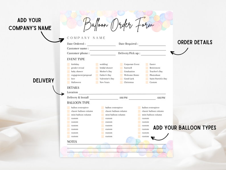 EDITABLE BALLOON ORDER Form Template Balloon Order Tracker - Etsy