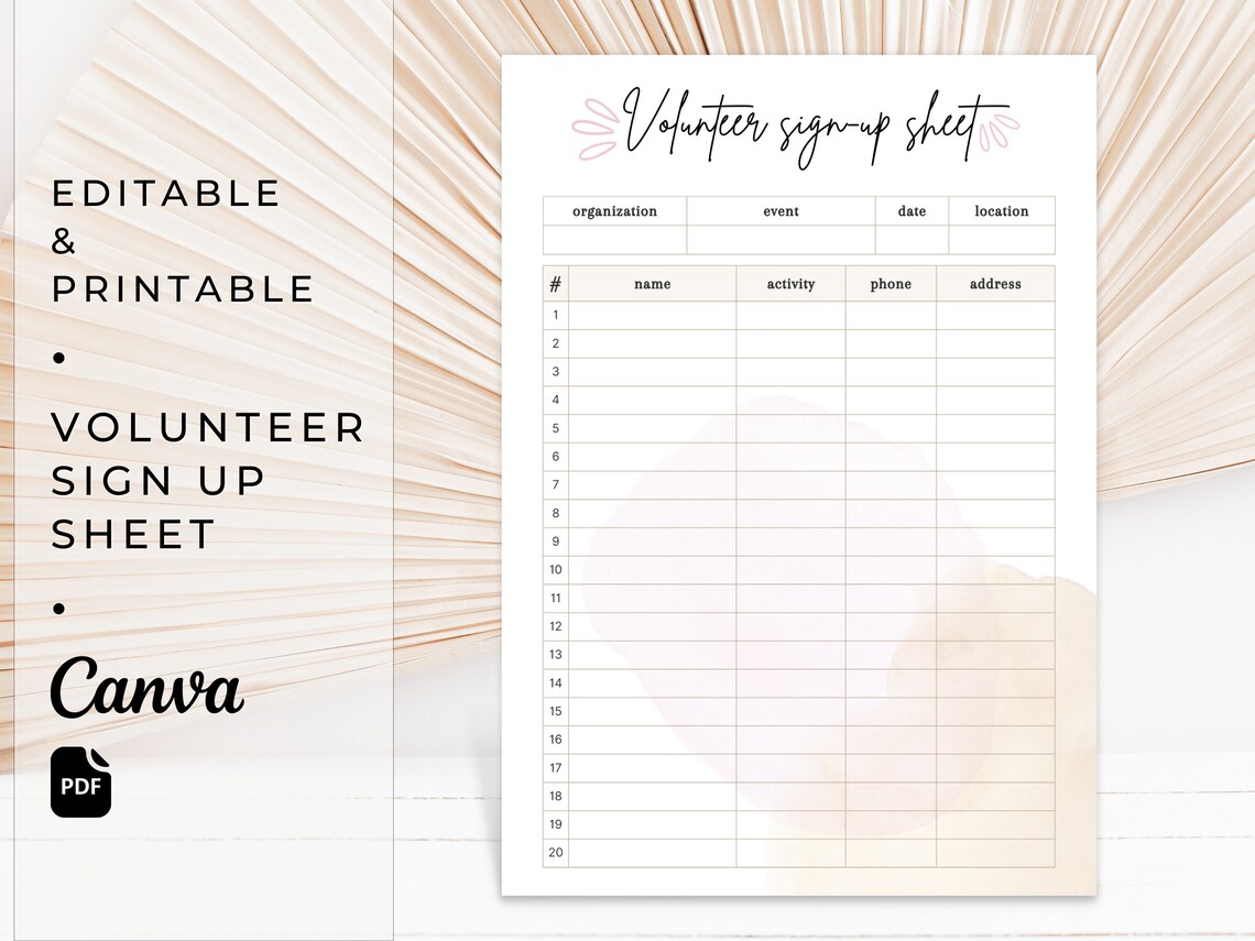 VOLUNTEER SIGN UP Sheet Volunteer Sign up List Template - Etsy