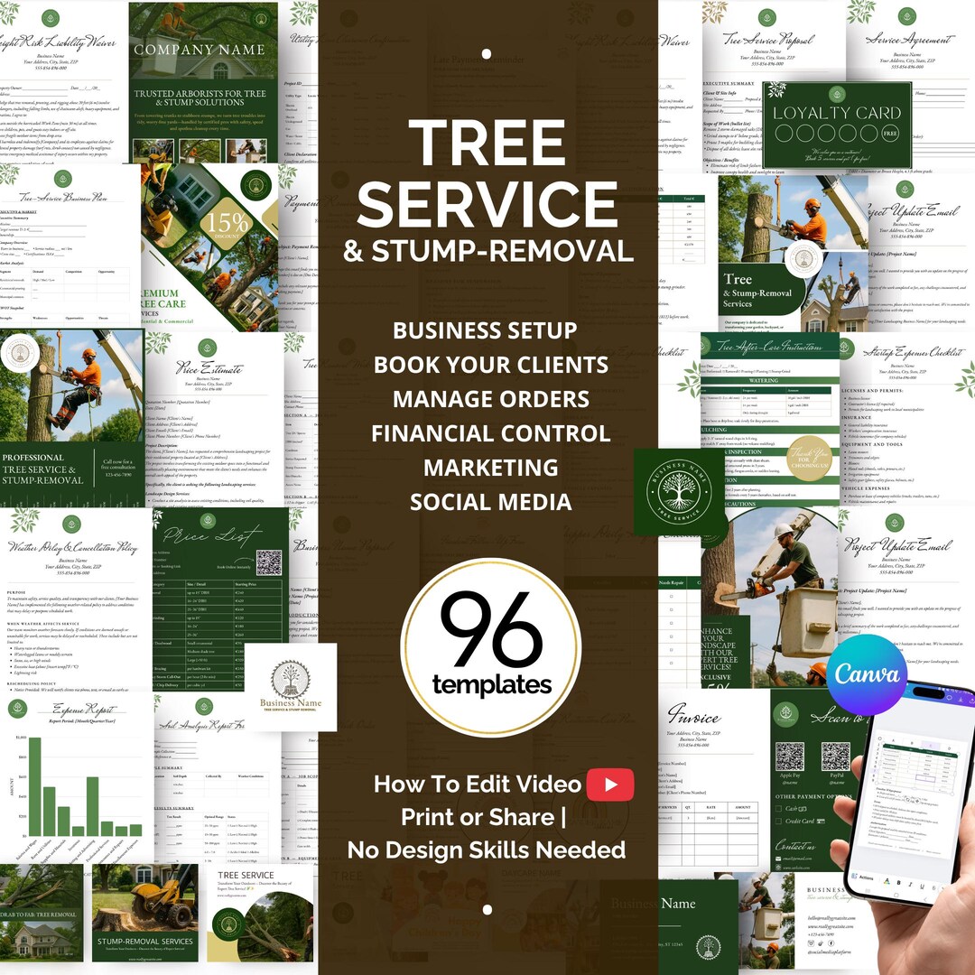 TREE SERVICE BUSINESS Bundle - Editable Stump Griding Canva Templates ...