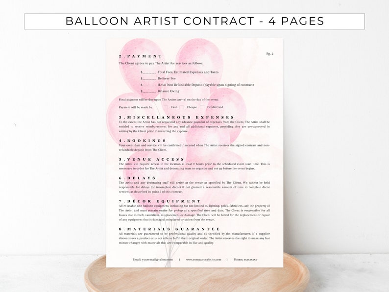 BALLOON CONTRACT, Editable Balloon Artist Contract Template, Balloon ...