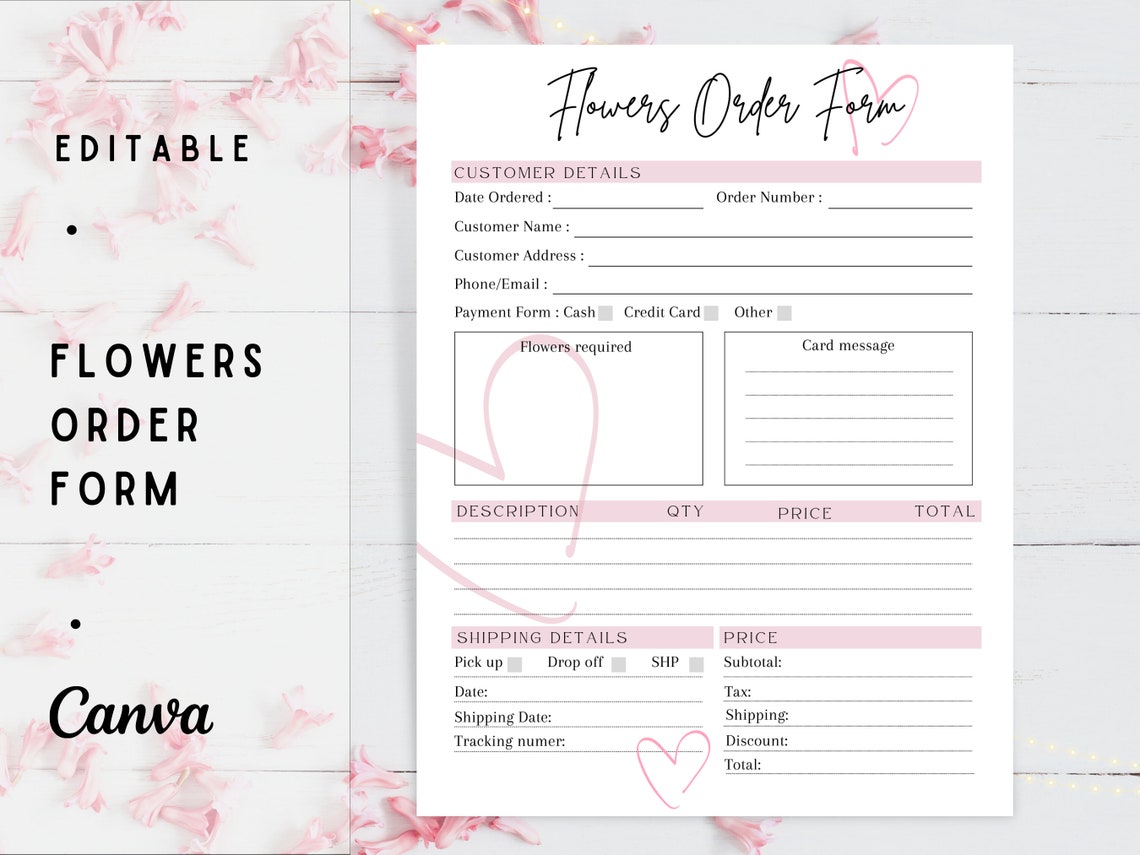 EDITABLE FLORIST ORDER Form, Printable Flowers Order Form Template ...