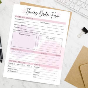 PRINTABLE FLORIST ORDER Form, Editable Flowers Order Form Template ...