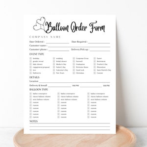 EDITABLE BALLOON ORDER Form, Balloon Order Tracker Template, Custom ...