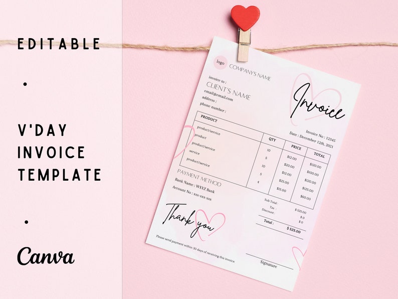 EDITABLE INVOICE TEMPLATE, Pink Hearts Invoice Template for Small ...
