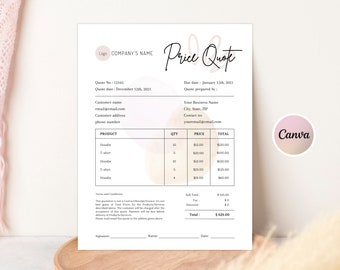 PRICE TEMPLATE, Editable Quotation Sheet Canva Template, Price Offer ...