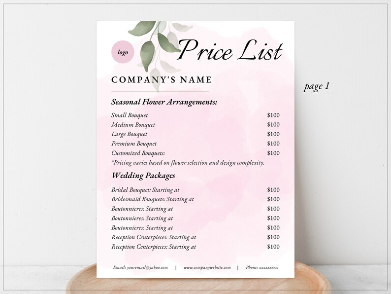 FLORIST PRICE LIST, Flower Shop Price List, Florist Price Sheet ...