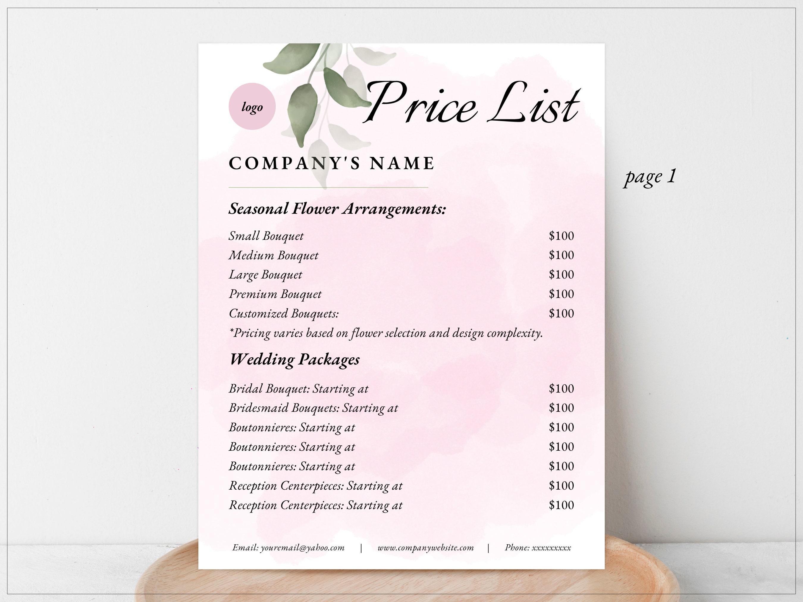 FLORIST PRICE LIST, Flower Shop Price List, Florist Price Sheet ...
