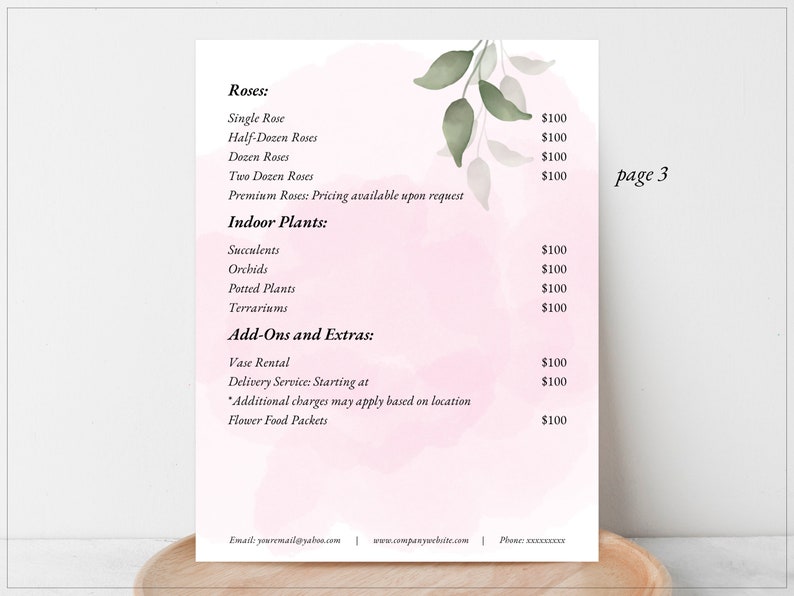 FLORIST PRICE LIST, Flower Shop Price List, Florist Price Sheet ...