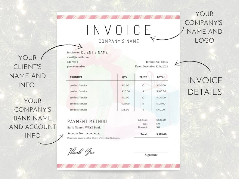 EDITABLE CHRISTMAS INVOICE Template for Small Business - Etsy