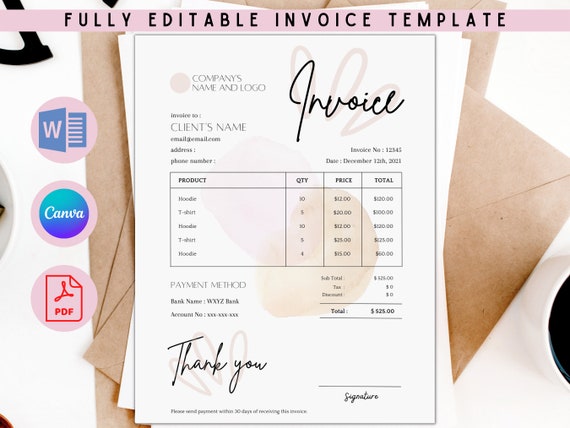 INVOICE TEMPLATE Download Editable and Printable WORD - Etsy