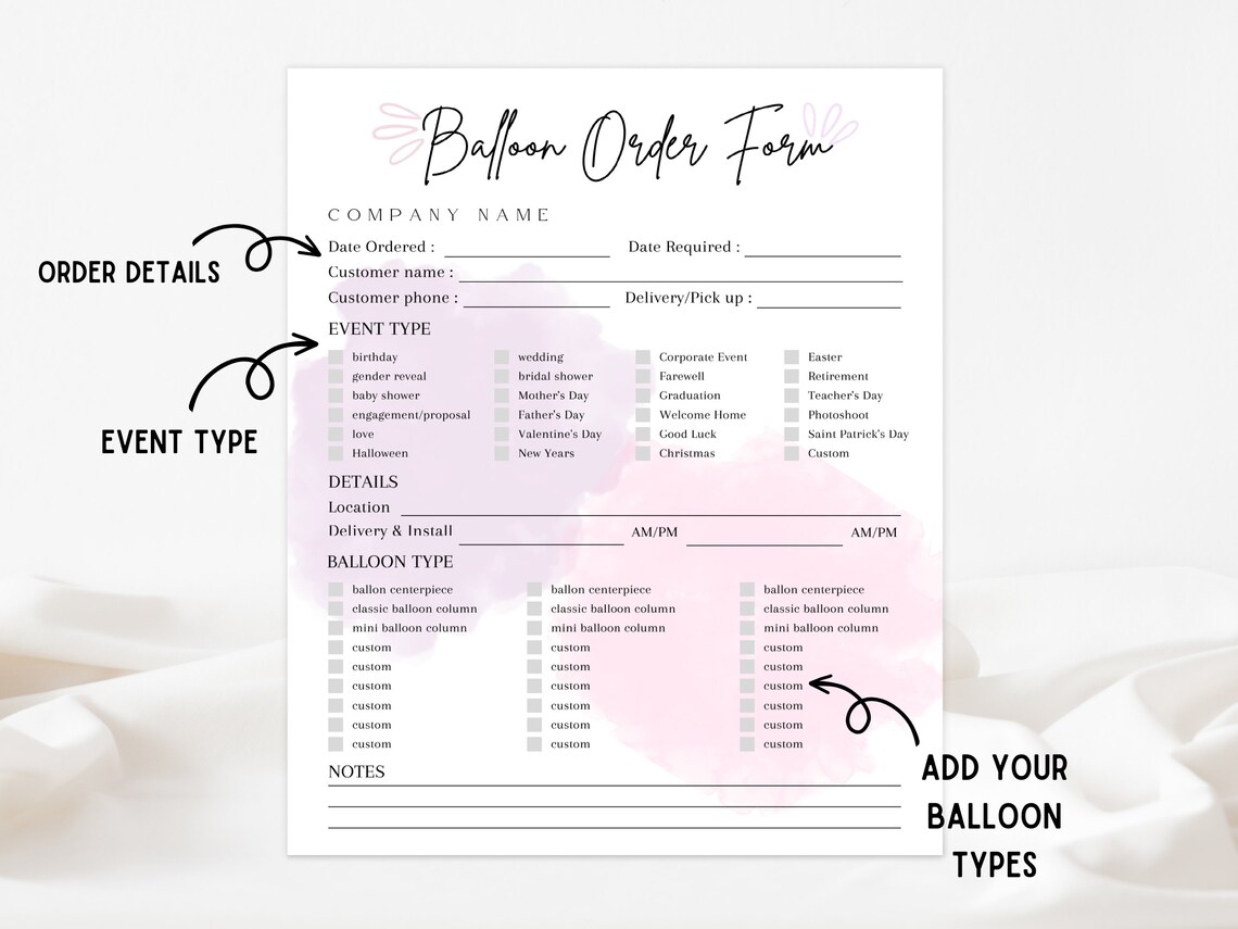 EDITABLE BALLOON ORDER Form Template Balloon Order Tracker - Etsy