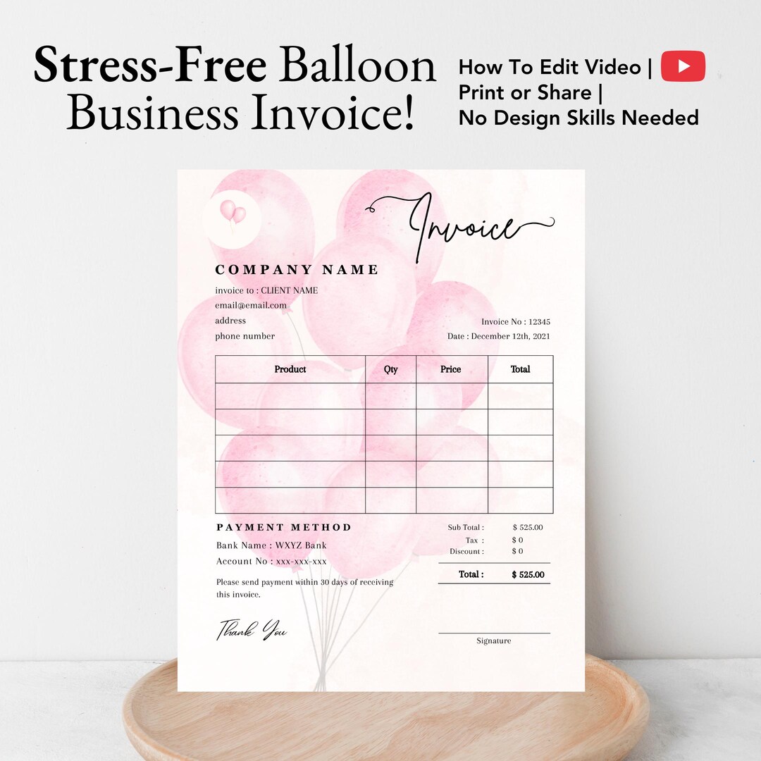 BALLOON INVOICE TEMPLATE, Editable Balloon Artist Invoice Template ...