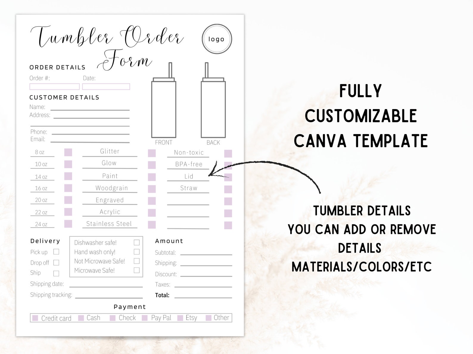 EDITABLE TUMBLER ORDER Form Template Custom Tumbler Order - Etsy