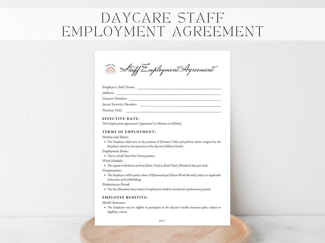 DAYCARE STAFF EMPLOYMENT Agreement. Daycare Worker Agreement. Childcare ...