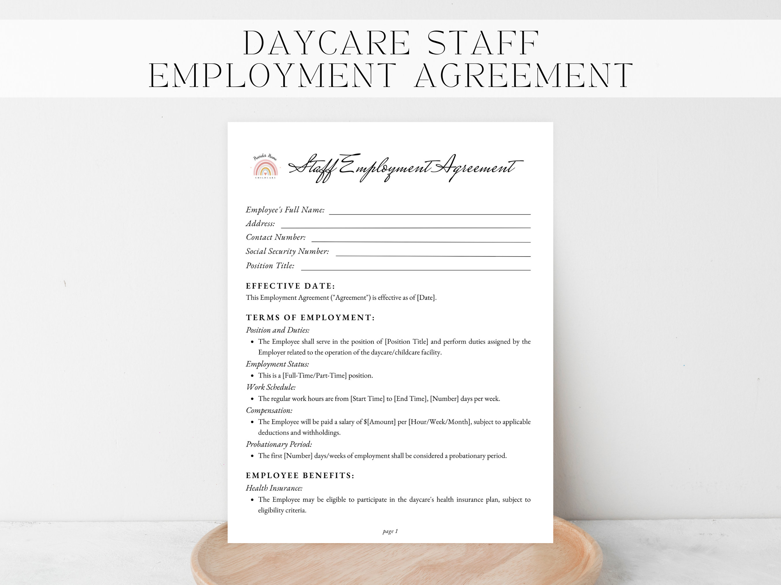DAYCARE STAFF EMPLOYMENT Agreement. Daycare Worker Agreement. Childcare ...