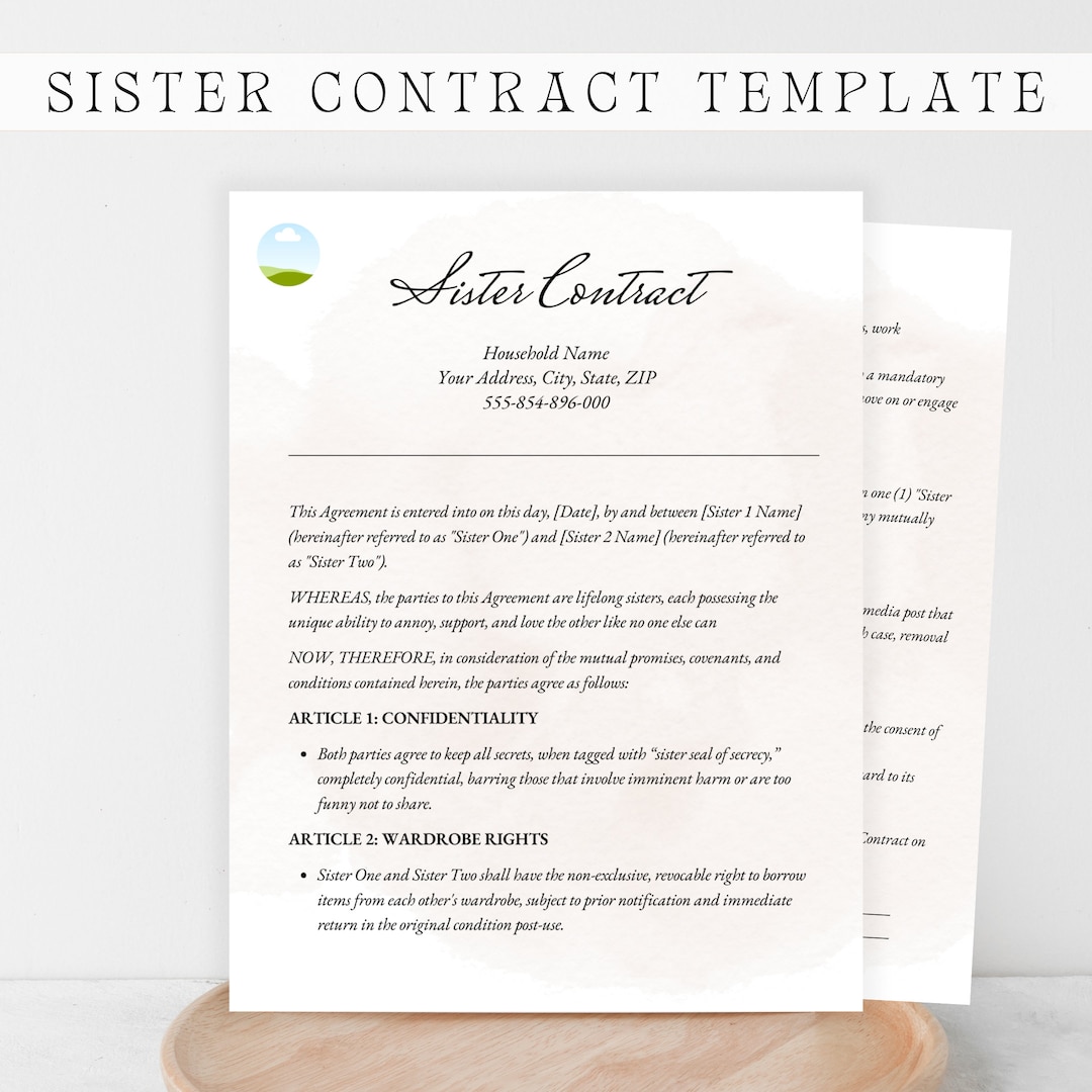 Sister Contract Template - Funny Sibling Agreement, Sister Gift, Sister ...