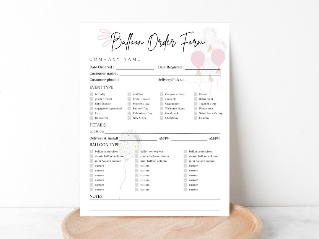 Editable BALLOON ORDER FORM Template | Customizable Sales Tracker for ...