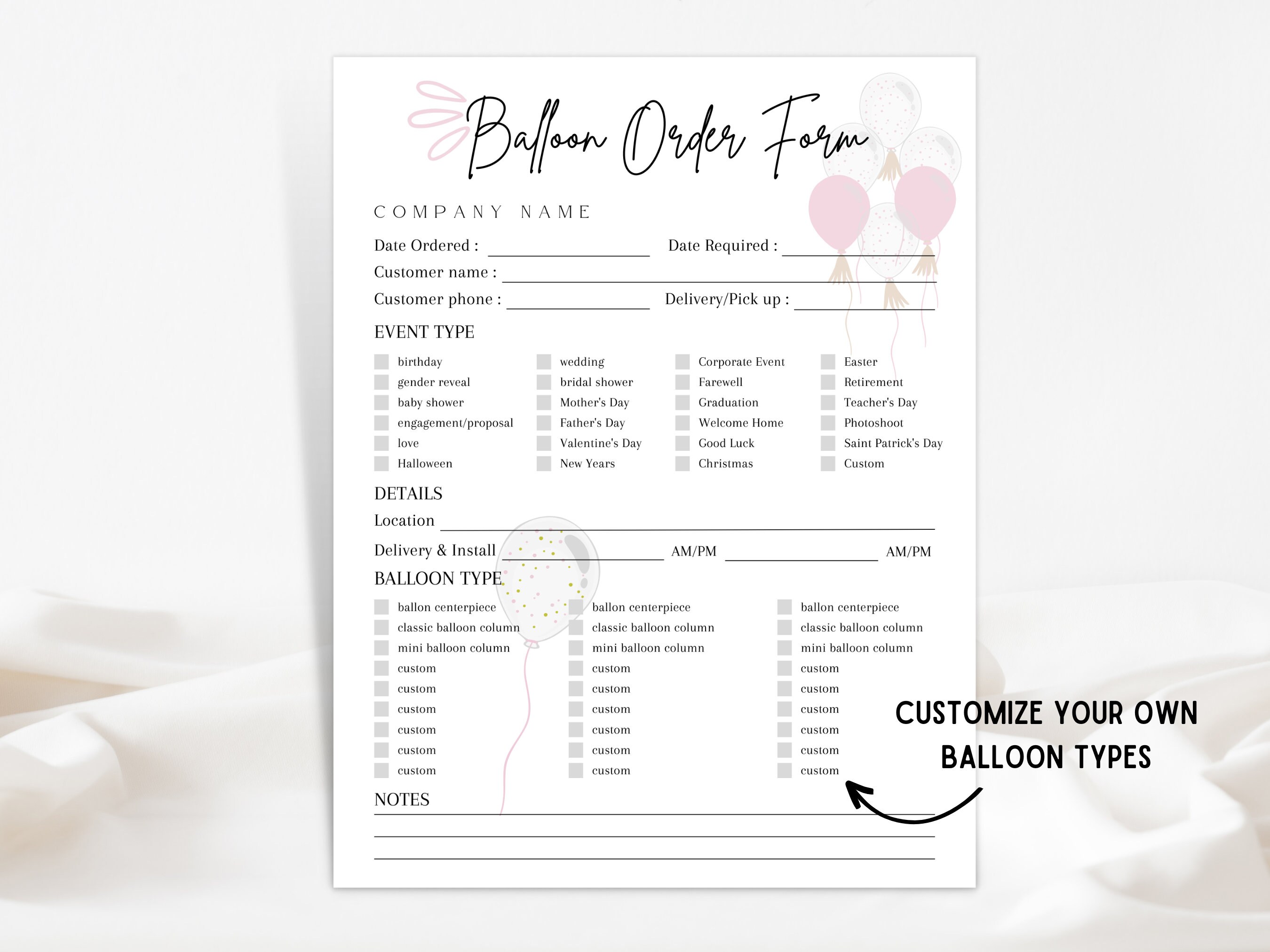 BALLOON ORDER Form Template Editable Balloon Order Tracker - Etsy UK