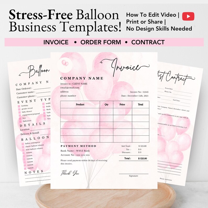 BALLOON INVOICE TEMPLATE, Editable Balloon Artist Invoice Template ...