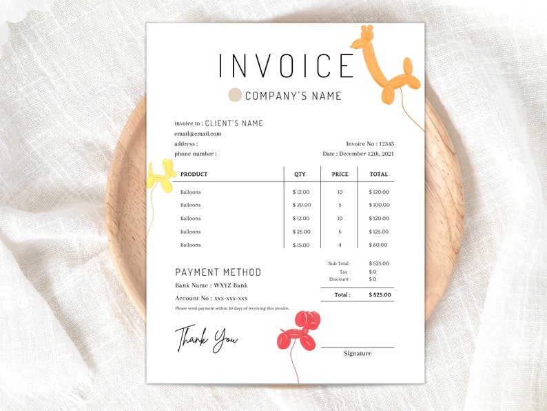 BALLOON INVOICE TEMPLATE Download Editable Word Invoice Etsy