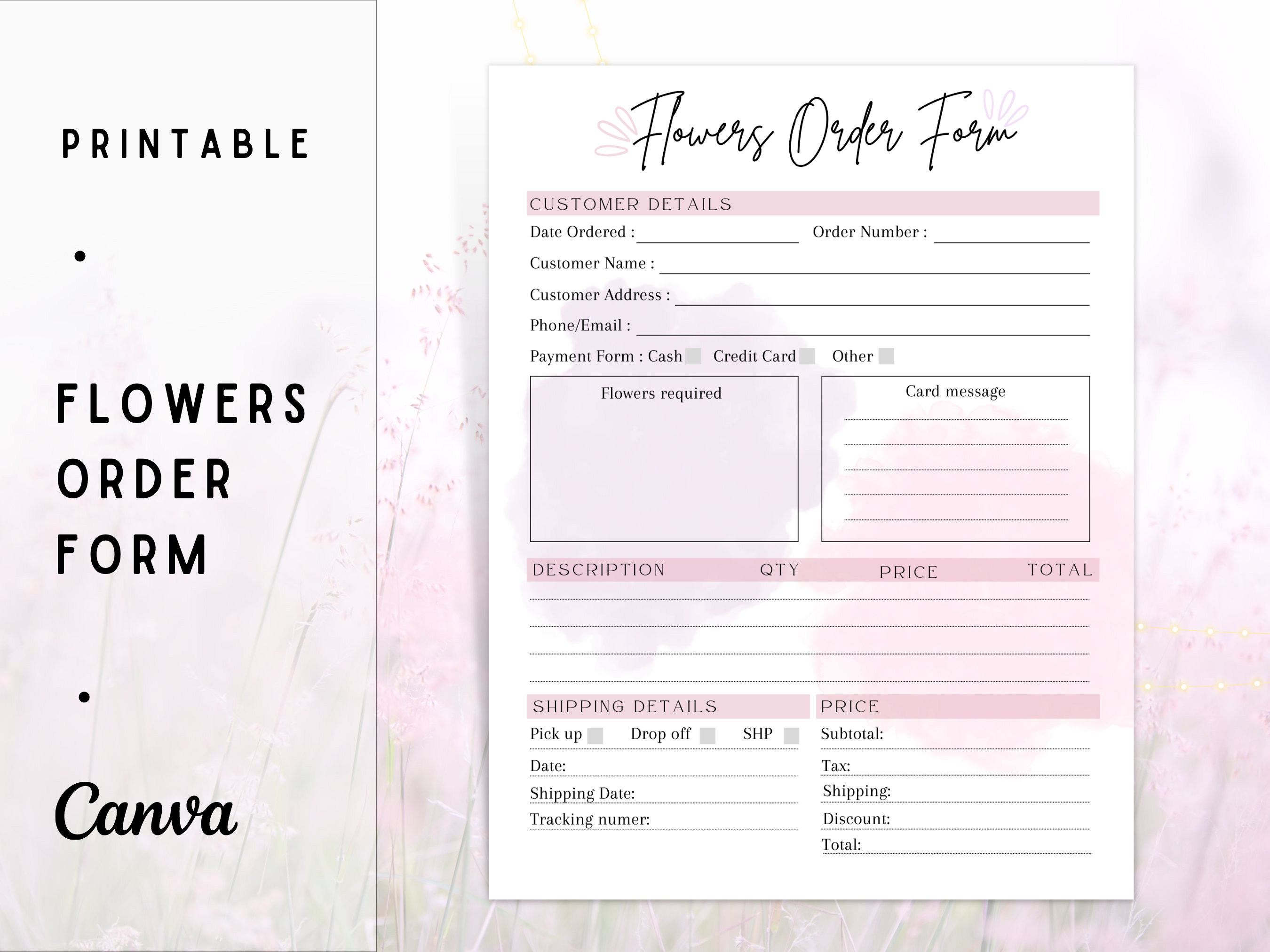 PRINTABLE FLORIST ORDER Form, Editable Flowers Order Form Template ...