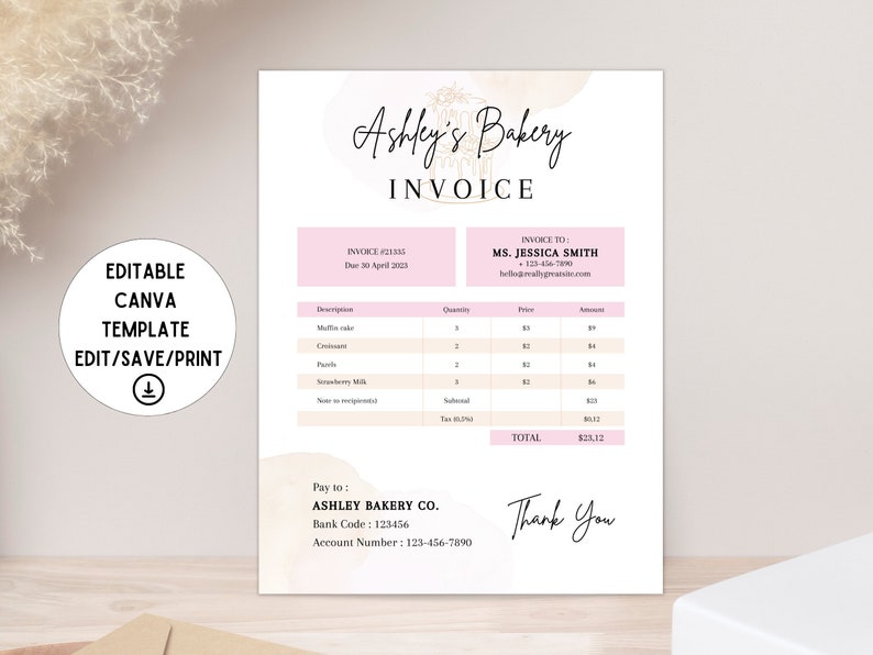 BAKERY INVOICE TEMPLATE Editable Invoice Template for Small - Etsy