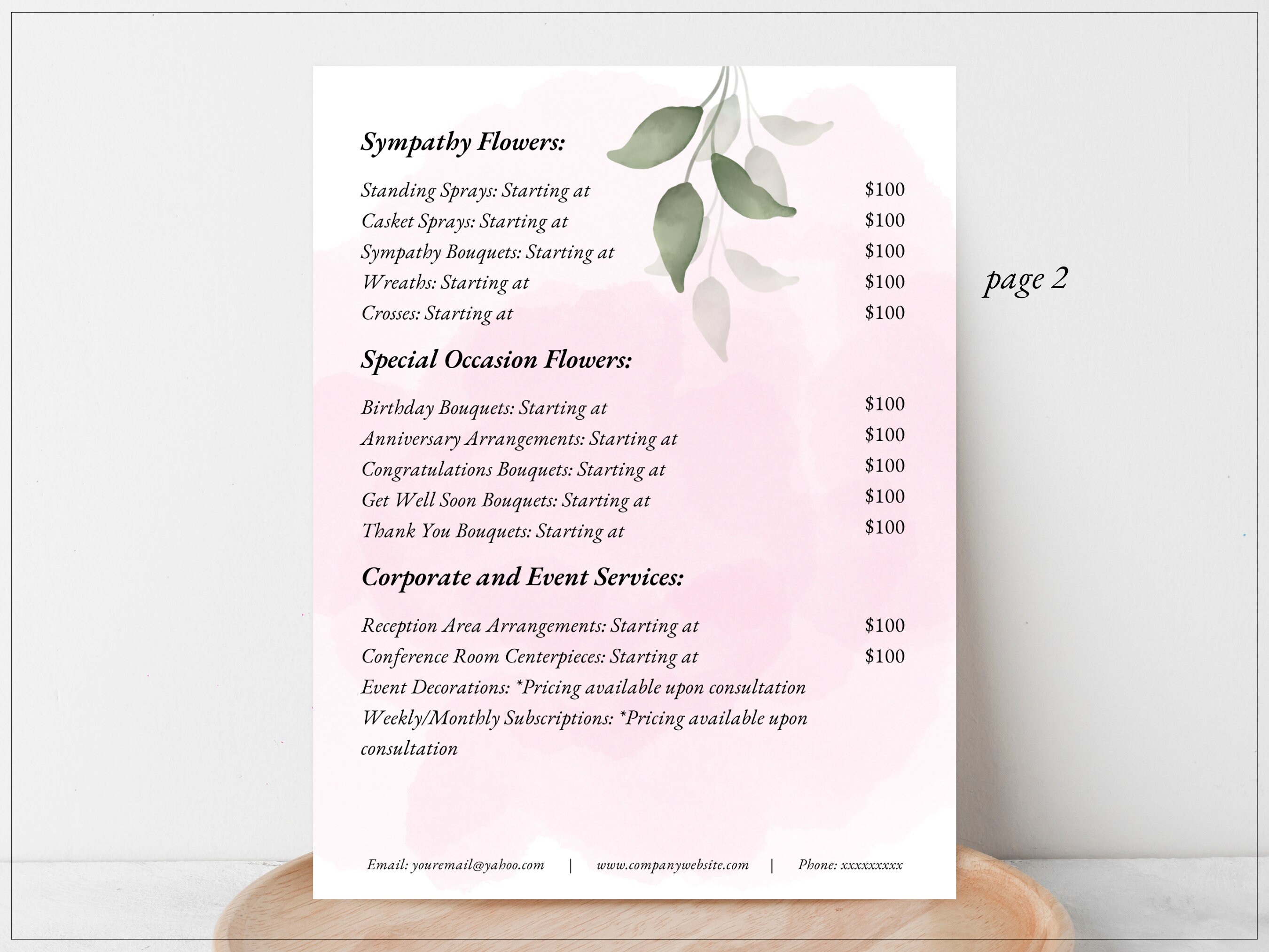 FLORIST PRICE LIST, Flower Shop Price List, Florist Price Sheet ...