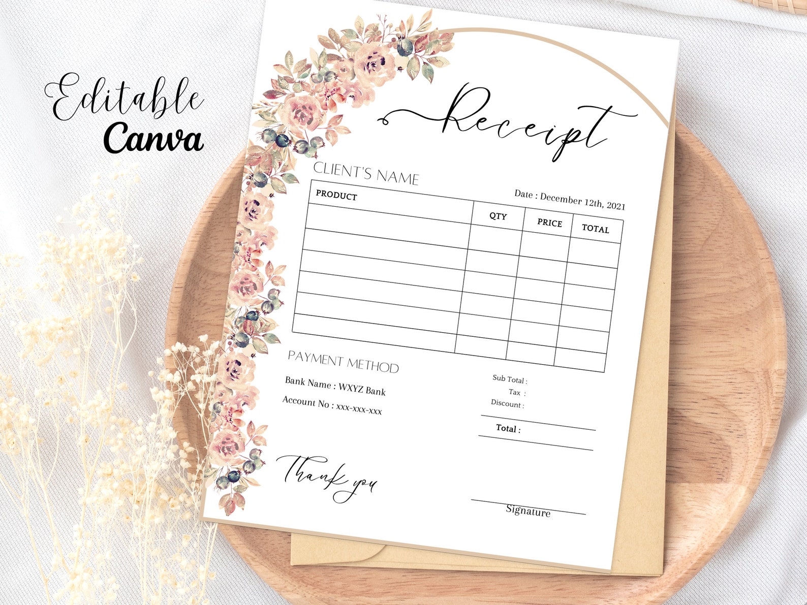 RECEIPT TEMPLATE Editable Invoice Receipt Form Custom - Etsy