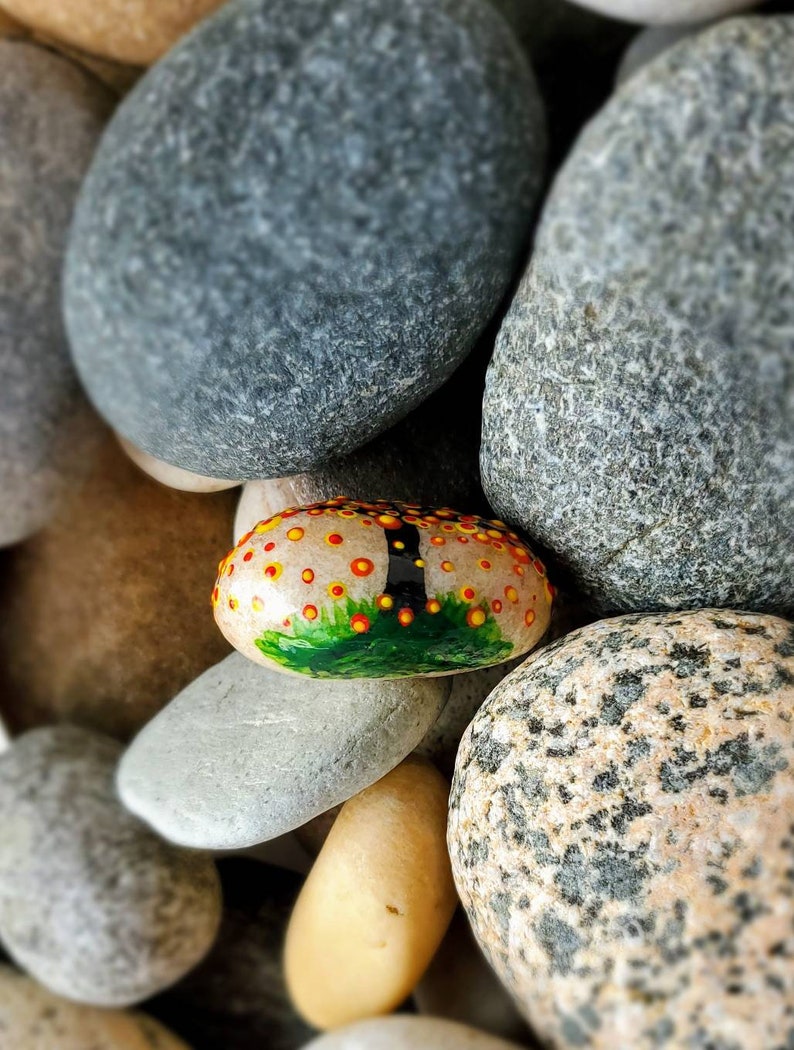 Hand Painted Fall Tree on Smooth Beach Stone, Falling Leaves, Dot ...