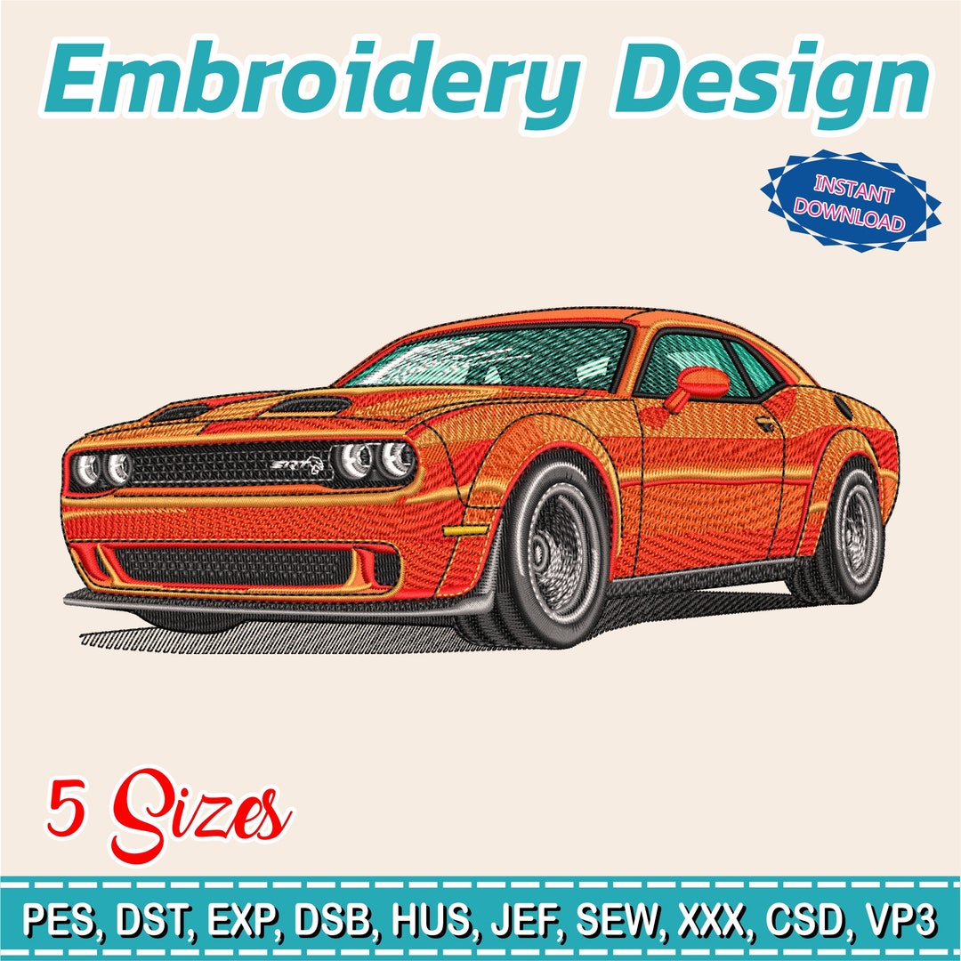 Embroidery Design / Dodge Challenger / 5 Different Sizes / INSTANT Download / Car Design ...