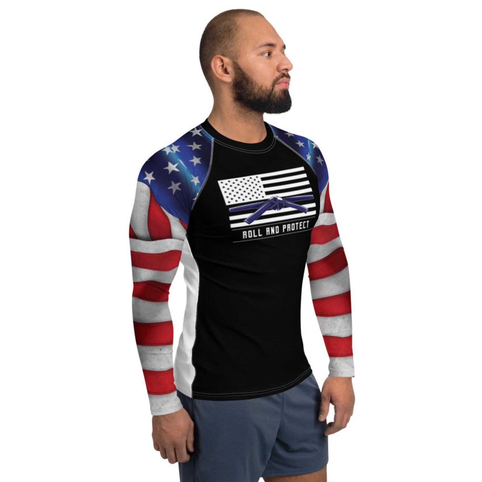 Men's MMA Rash Guard, Double American Flag, Roll and Protect Thin Blue ...