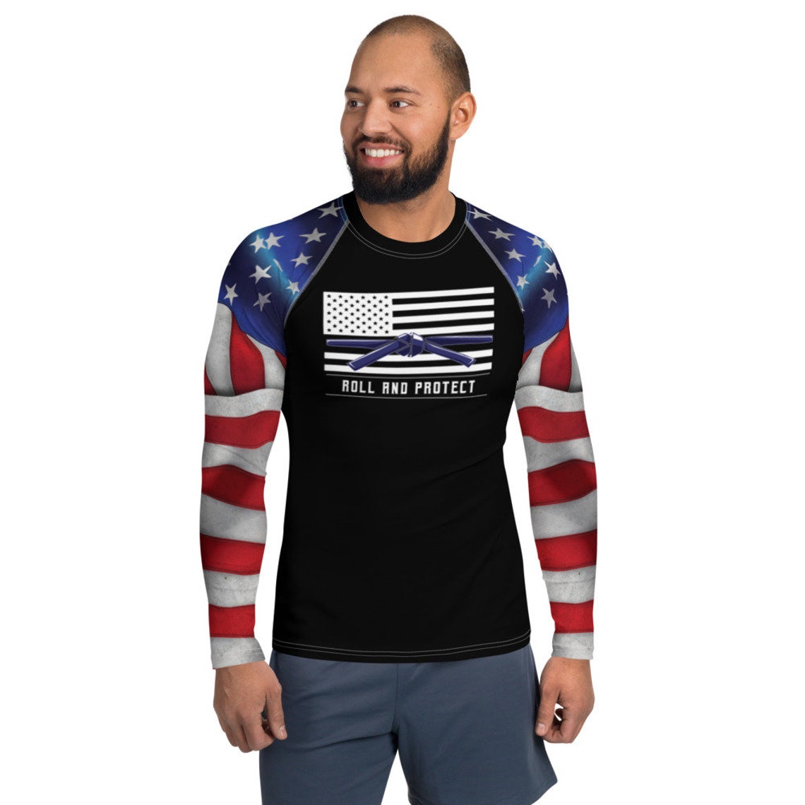 Men's MMA Rash Guard, Double American Flag, Roll and Protect Thin Blue ...