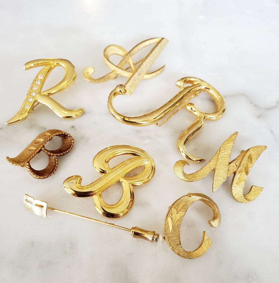Vintage Cursive Initial Gold Tone Brooch, Your Choice A, C, E M, R - Etsy
