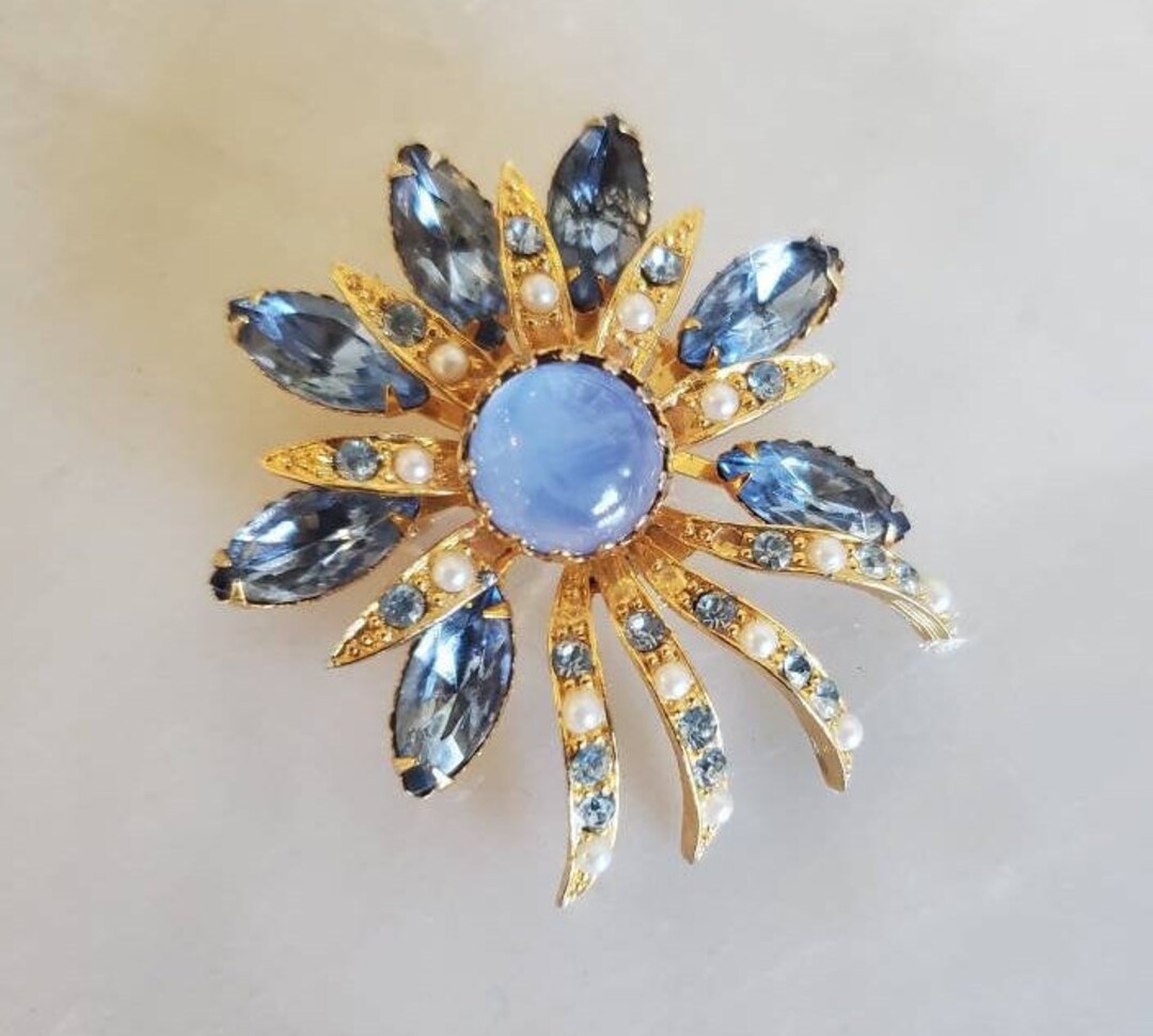 Vintage Selini Brooch: Faux Pearl, Blue Rhinestone & Moonstone Lucite ...