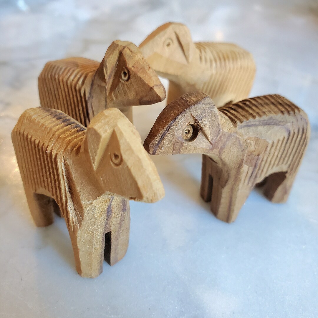 4 Hand Carved Sheep Miniature Figurines, Set of Four Wood Sheep - Etsy