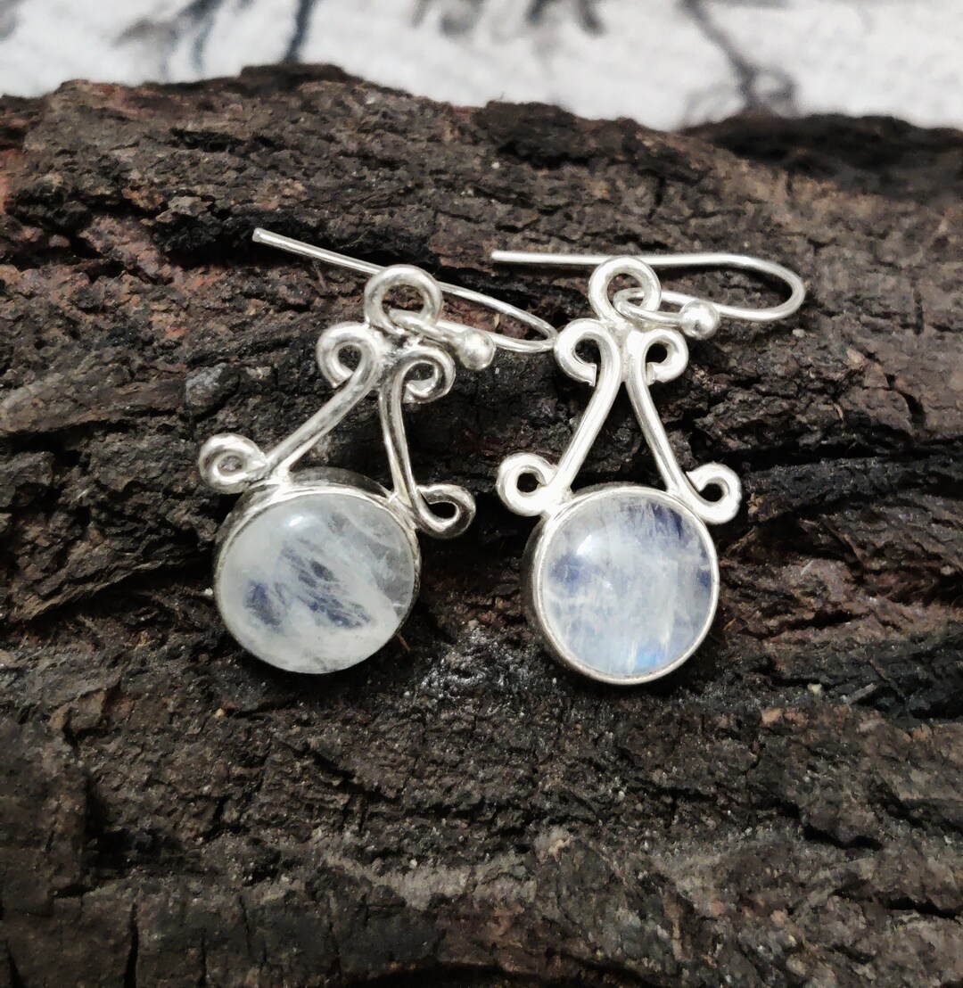 Round Shape Natural Rainbow Moon Stone Silver 925 Handmade Earring ...