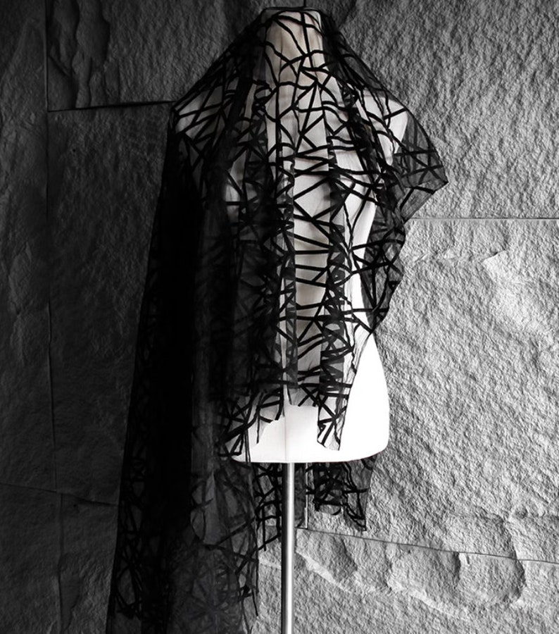 Black Geometric Jacquard Fabric, Irregular Mesh Texture Fabrics, Tulle ...