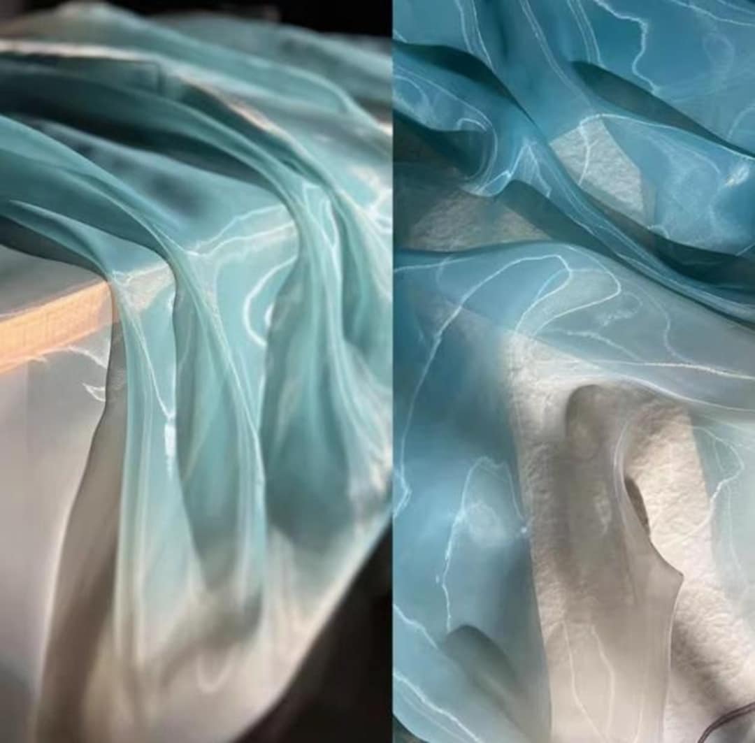 Cerulean-beige Ombre Organza, Soft Sheer Airy Hanfu Robe Fabric, Dense ...
