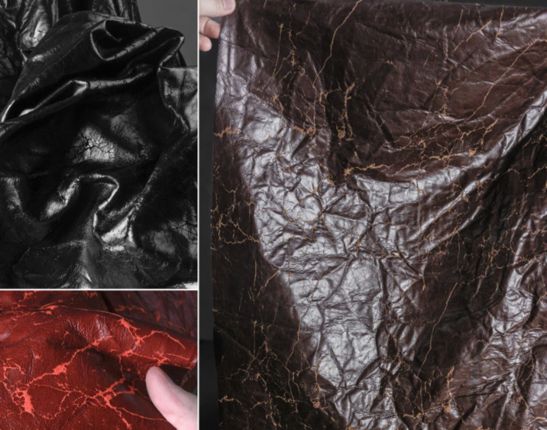 Black Distressed Leather Fabric, Rock Crackle Pleated Fabric, Flocking ...