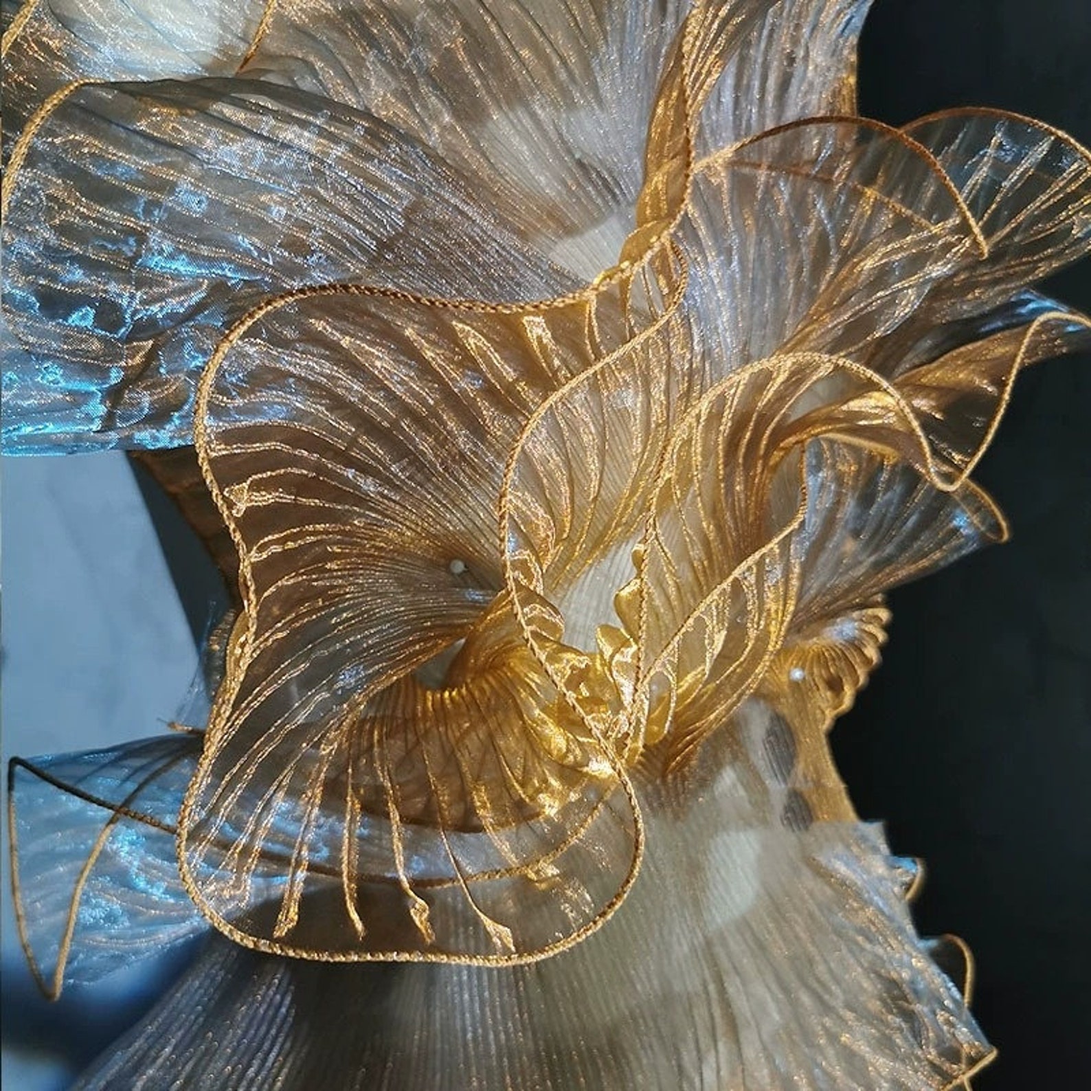 Gold Curry Blue Organza Ruffle Fabric, Mermaid Ruffle Organza Fabric ...