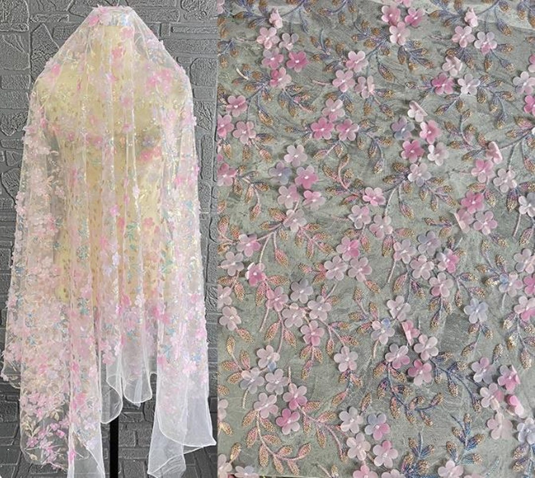 Colorful 3D Flower Tulle Fabric, Flower Sequins Mesh Fabrics ...